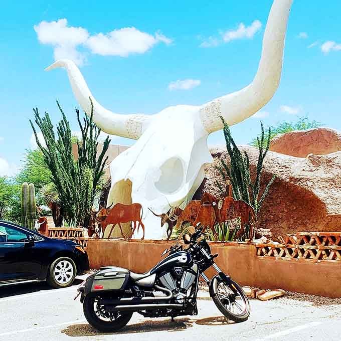 Even motorcycles stop to pay their respects to the most photogenic skull in all of southern Arizona.