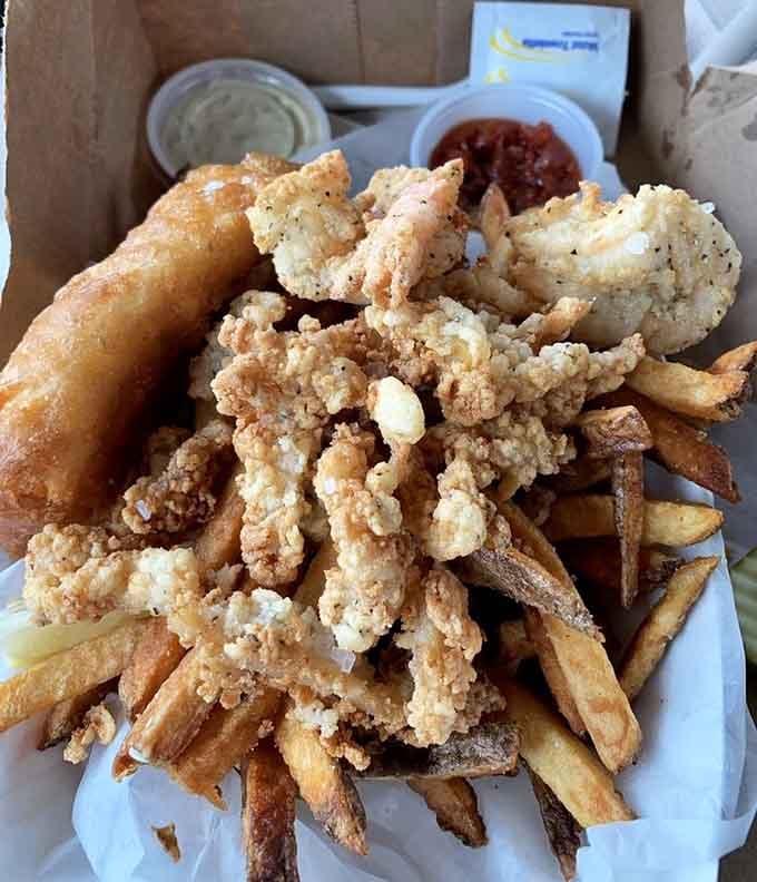 This glorious pile of fried seafood and golden fries is what dreams are made of, my friends.