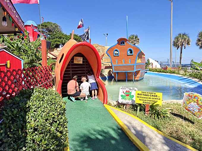 Playing through a giant fish mouth is exactly the kind of absurdity that makes mini golf absolutely perfect.
