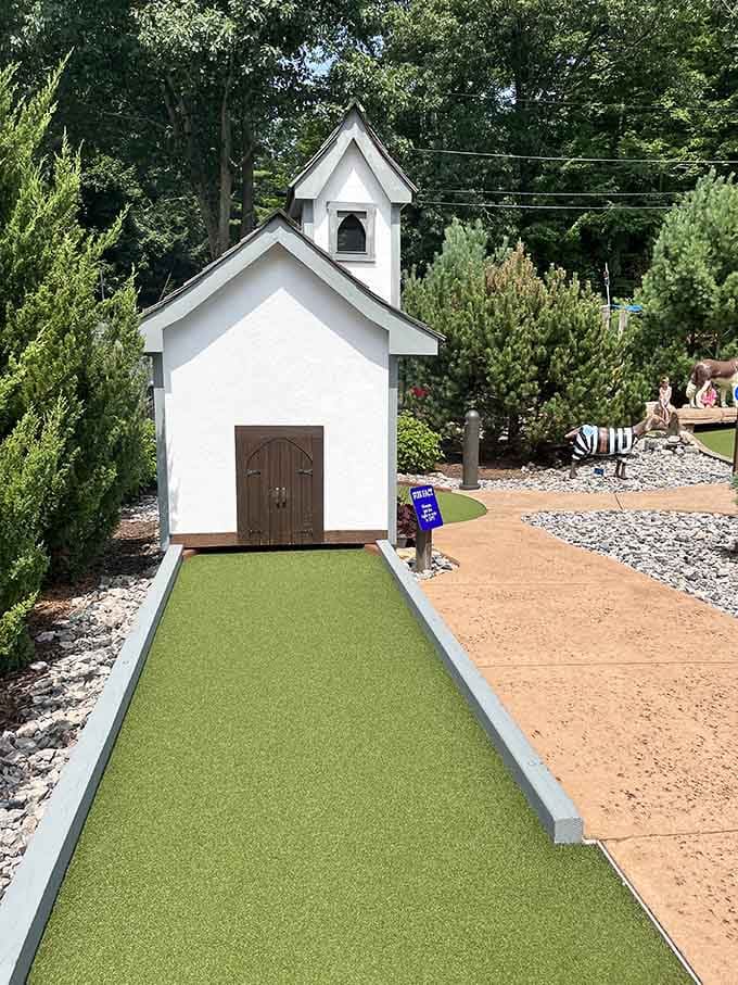 A charming white chapel that's perfect for praying your putt doesn't miss. Again.