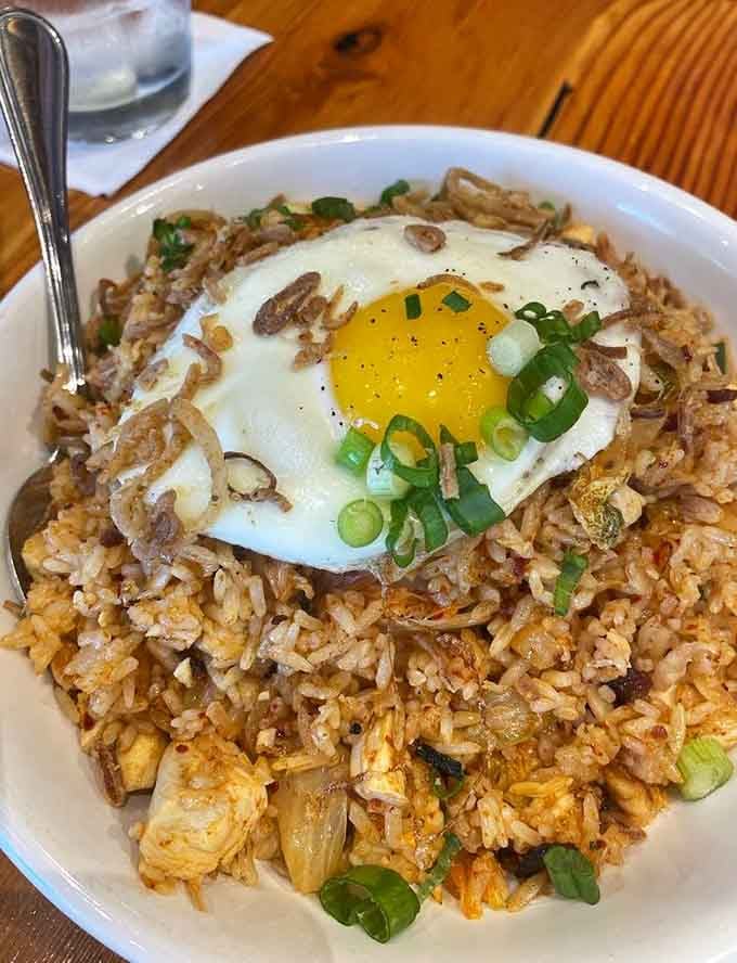 Crispy fried rice topped with a sunny-side egg that's begging you to break that golden yolk.