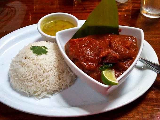 Spicy shrimp vindaloo for those who like their lunch with a side of adrenaline, Goan-style heat that means business.