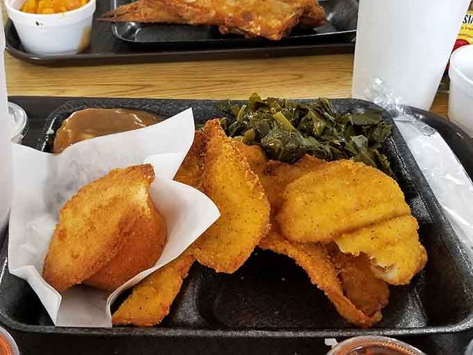 Fried flounder with collard greens and cornbread is what happens when the South does seafood right.