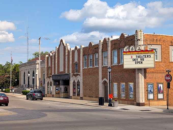 The Goetz Theatre stands proud, reminding us that small towns invented entertainment long before streaming services.