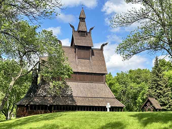The Hjemkomst Center's stave church rises dramatically, bringing Norwegian architectural tradition to the Minnesota prairie with stunning authenticity.