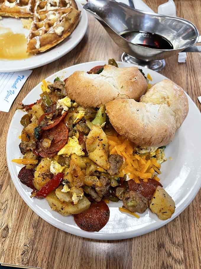 This loaded bagel situation with sausage and peppers could fuel a lumberjack through winter.