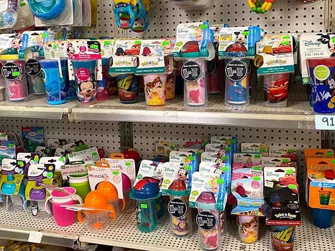 Sippy cups featuring beloved characters, because toddlers deserve Disney magic even on a discount store budget.