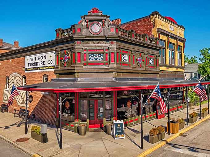 This corner building's ornate details and bold colors make it clear that New Harmony takes its historic character seriously, beautifully.