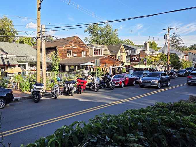 Motorcycles and historic buildings coexist peacefully, proving New Hope welcomes all types of weekend warriors and wanderers.
