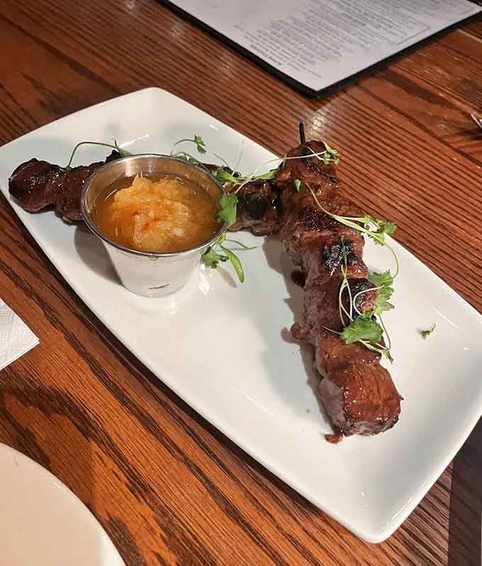 Teriyaki beef skewers with applesauce&mdash;because sometimes fusion just works, and this definitely works beautifully.