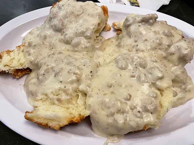 Biscuits drowning in sausage gravy represent everything right with American breakfast culture, cardiologist's concerns be darned completely.