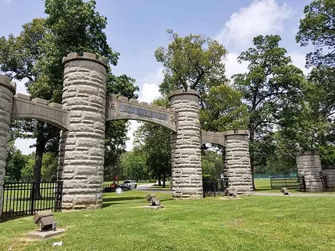 Stone pillars mark the entrance to Bob Noble Park, standing guard like friendly sentinels.