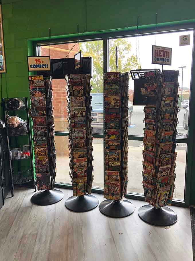 Those spinning comic racks by the window are pure nostalgia, like finding a time machine to Saturday mornings past.