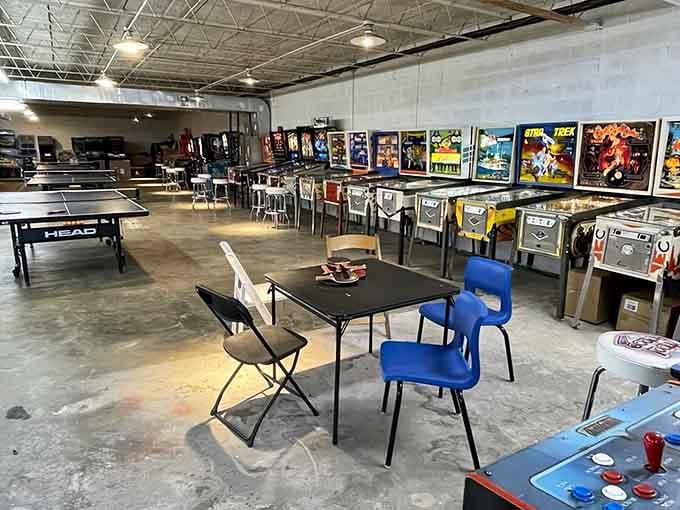 Ping pong tables and vintage cabinets share space in this wonderfully eclectic gaming paradise of possibilities.