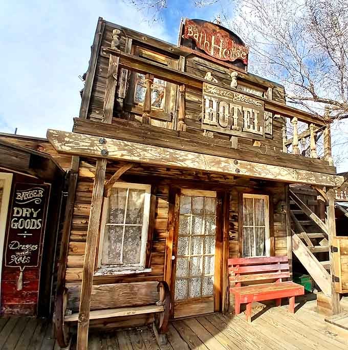 The weathered hotel facade practically begs you to imagine stagecoach travelers checking in after a long desert journey.