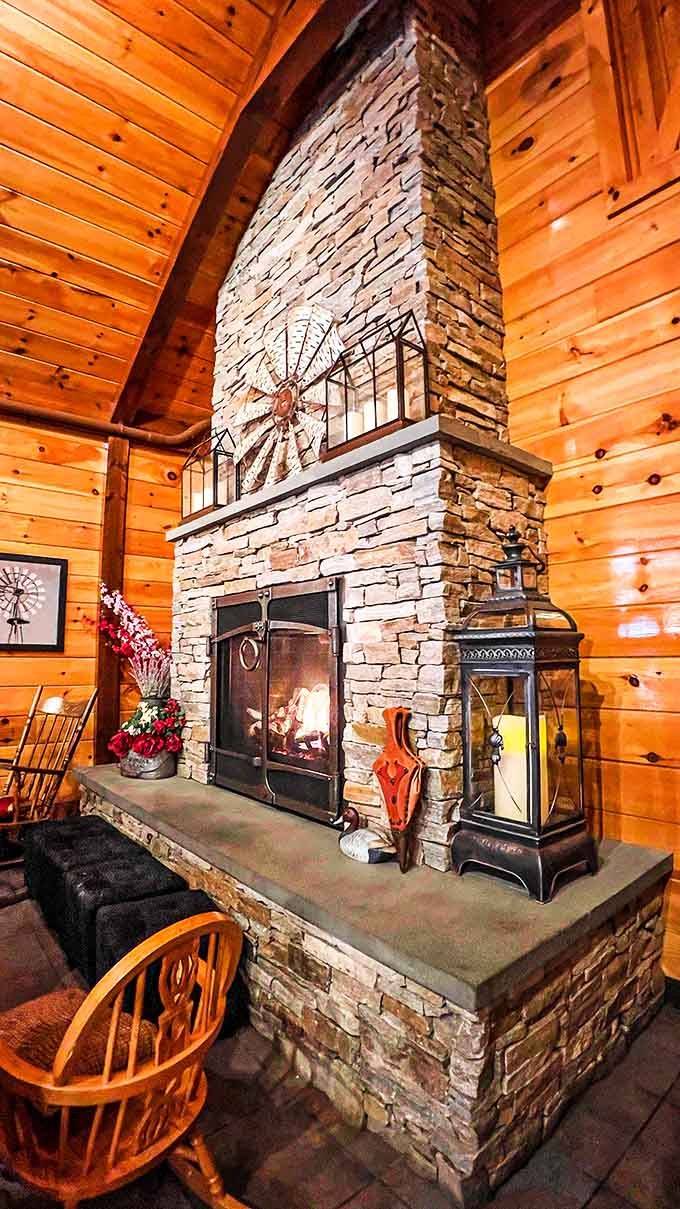 That stone fireplace suggests cozy winter visits when ice cream becomes an act of delicious rebellion.