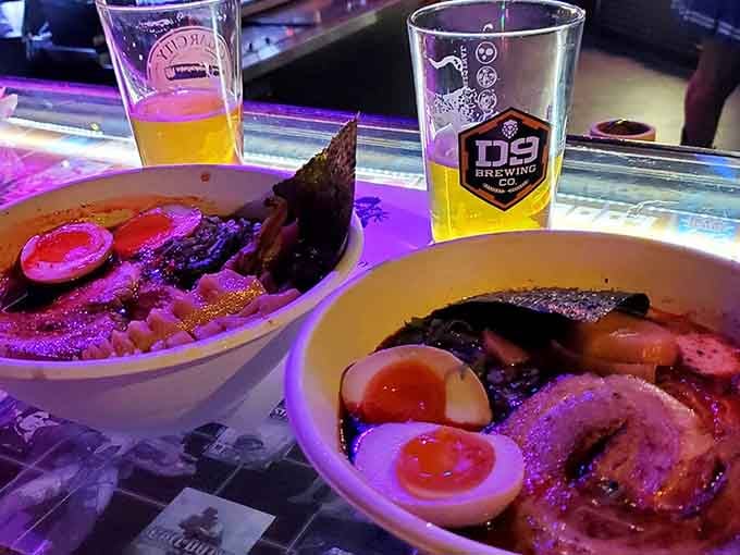 Steaming bowls of ramen bring unexpected sophistication to your arcade adventure, because adults deserve options beyond pizza rolls.