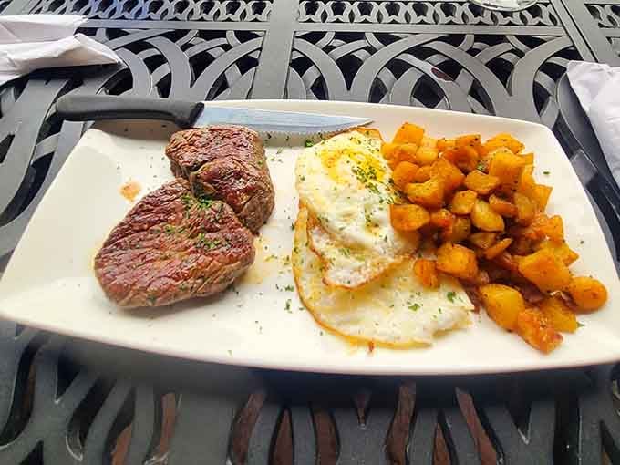 Steak and eggs at a winery feels delightfully wrong in all the right ways, like breakfast for dinner's sophisticated cousin.