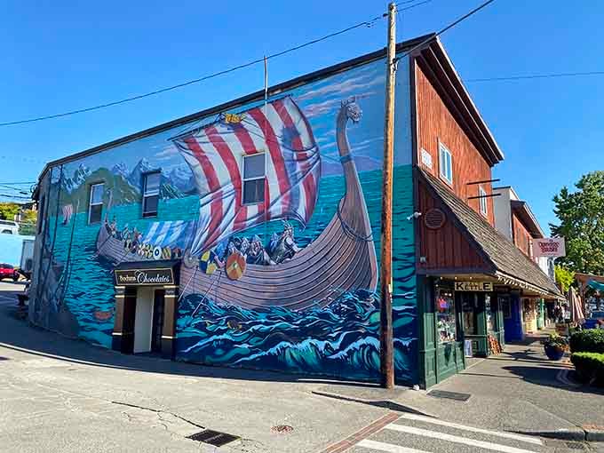 That Viking ship mural commands attention like a Norse saga painted across an entire building, absolutely magnificent.