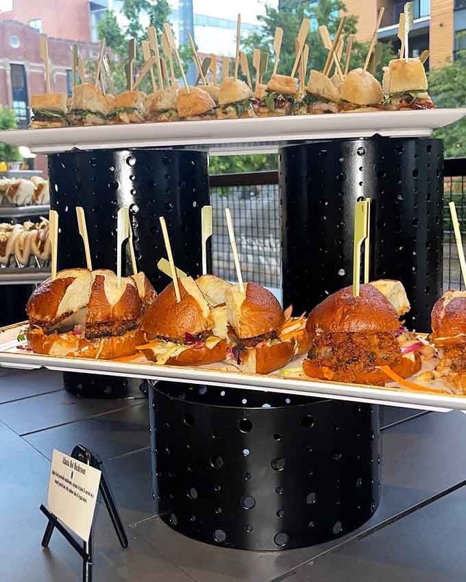 Slider towers stacked like edible architecture, perfect for fueling your next round of friendly competition.