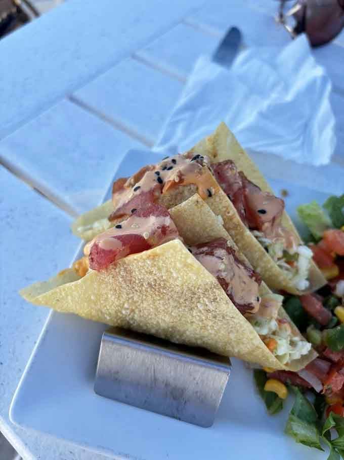 Ahi tacos with crispy wonton shells bring Pacific flavors to the Atlantic coast in the most delicious way possible.