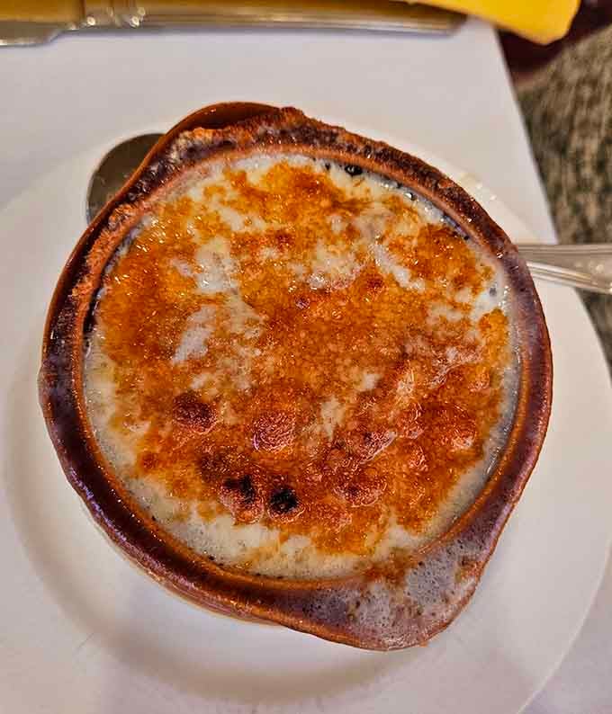 French onion soup with that gloriously browned cheese crust, comfort in a crock since forever.