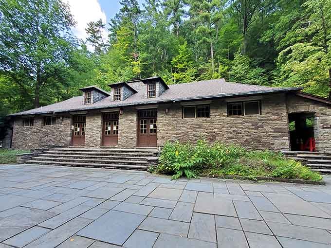 The historic bathhouse stands as a testament to 1930s craftsmanship, built by the Civilian Conservation Corps with style and serious stone skills.