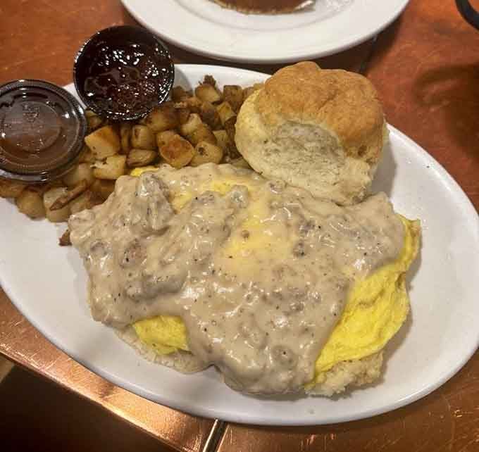 Someone put biscuits and gravy inside an omelette, and honestly, that's the kind of genius we need.