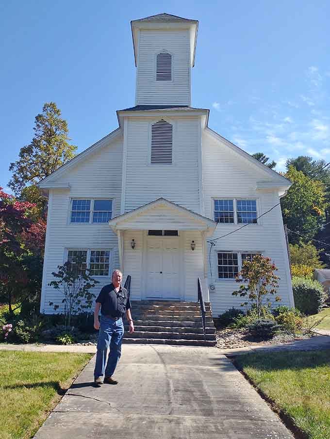 This classic white church could've been plucked from a Bing Crosby movie, steeple and all, minus the crooning.