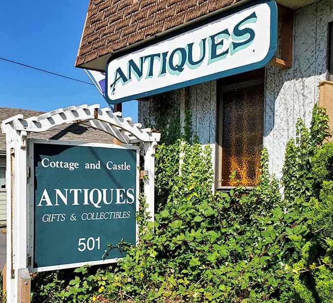 Cottage and Castle's welcoming signage promises exactly what antique lovers crave: gifts, collectibles, and delightful surprises around every corner inside.