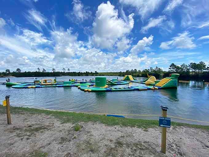 The view from shore reveals just how much aquatic chaos awaits you on this floating wonderland.