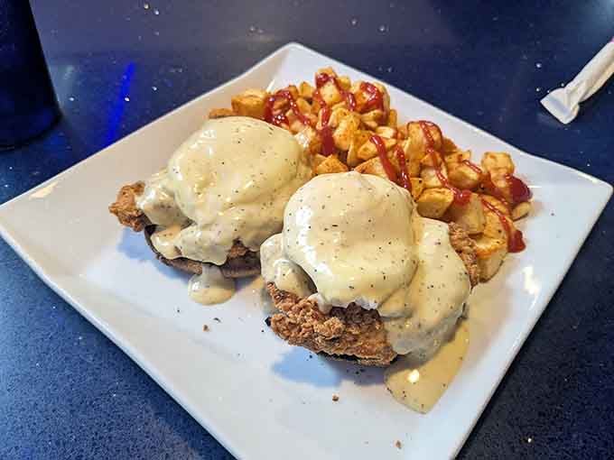 Fried chicken meets eggs benedict in a mashup that would make brunch traditionalists simultaneously gasp and drool.