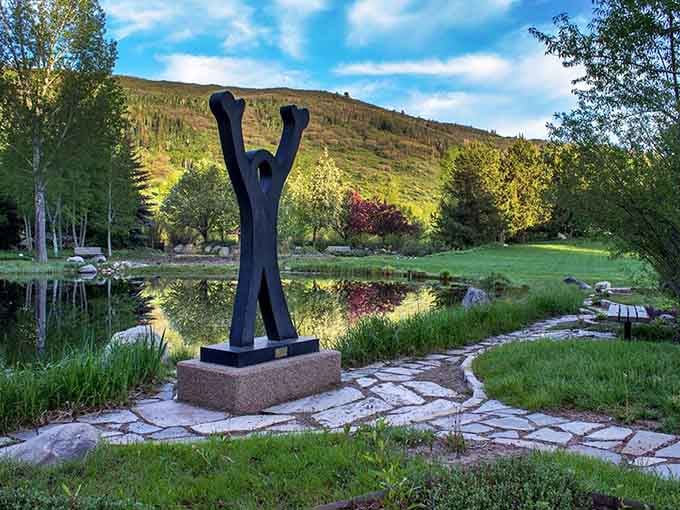 The Yampa River Botanic Park sculpture stands sentinel over gardens that make you forget you're in ski country.