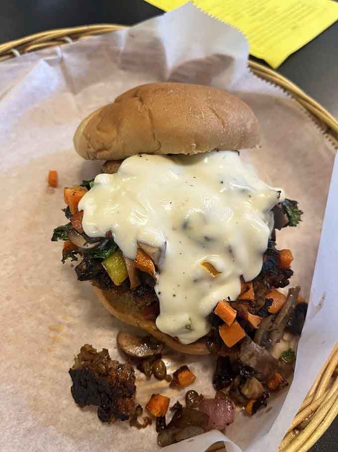 The veggie hot brown burger at Stella's Kentucky Deli shows vegetables can absolutely steal the spotlight.