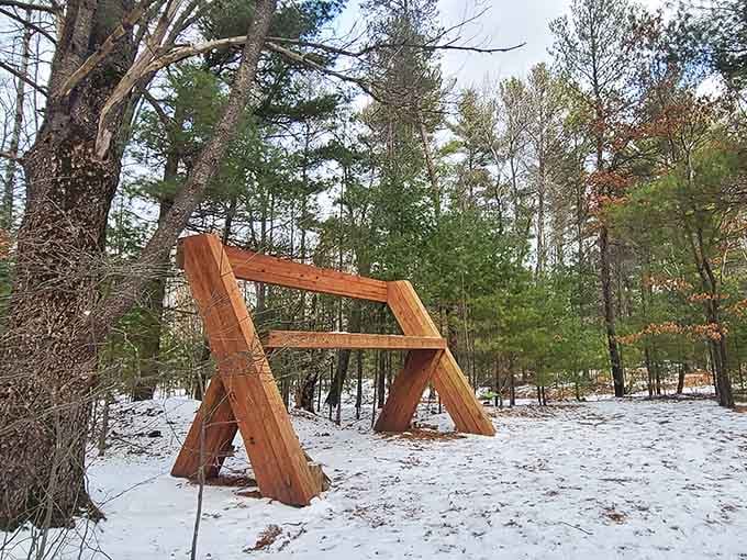 Geometric wooden beams create an architectural puzzle that would make M.C. Escher nod with approval and confusion.