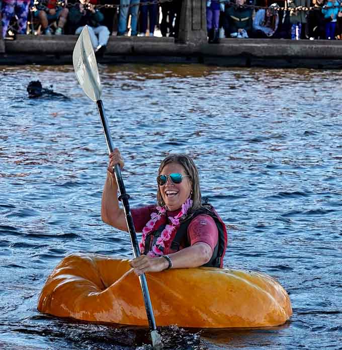 Paddling a hollowed-out pumpkin proves humans will turn literally anything into a watercraft given the chance.