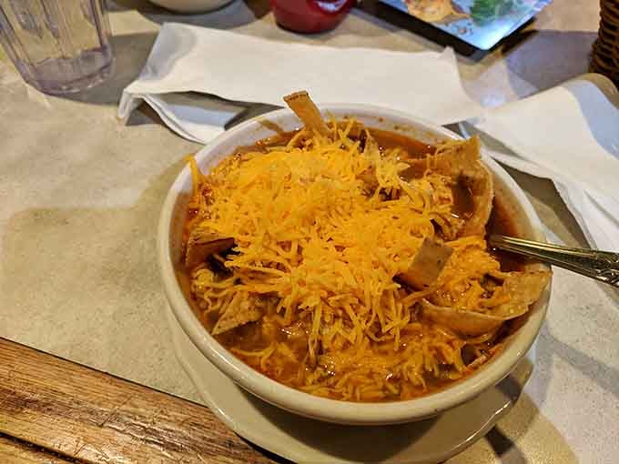 Tortilla soup topped with enough cheese to make Wisconsin jealous, served in a bowl that means business.
