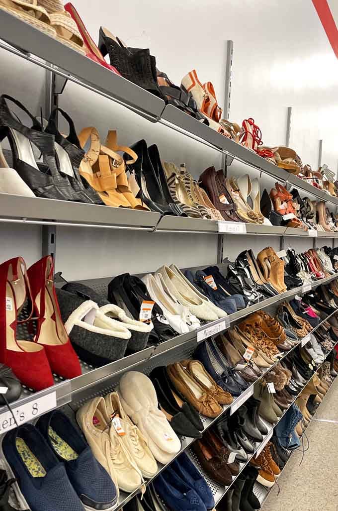 Shoes for every occasion line these shelves, from casual sneakers to fancy heels that deserve another dance.