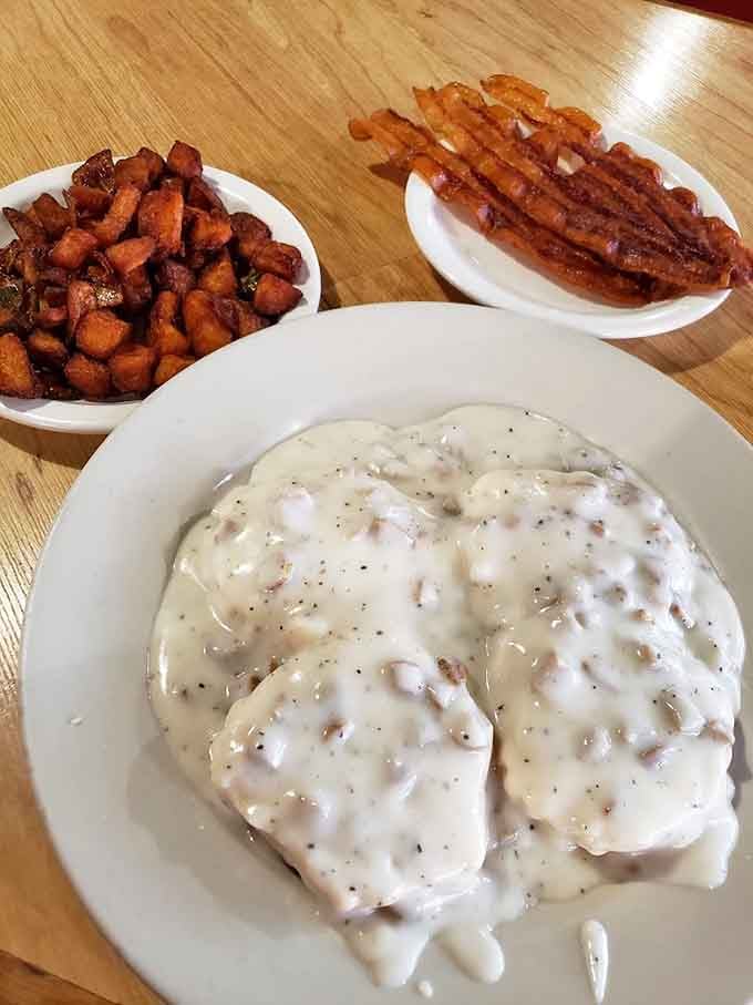 When biscuits and gravy team up with bacon and home fries, breakfast becomes a full-contact sport worth playing.