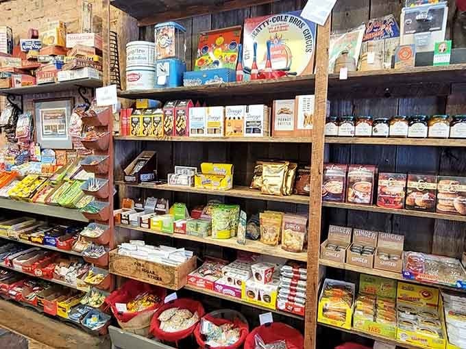 Vintage signs and rustic shelving create an atmosphere where past and present meet over shared sugar cravings.