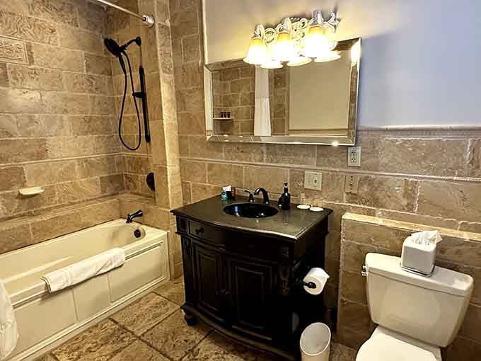 Even the bathrooms maintain castle elegance, proving luxury doesn't take a break for practical necessities.