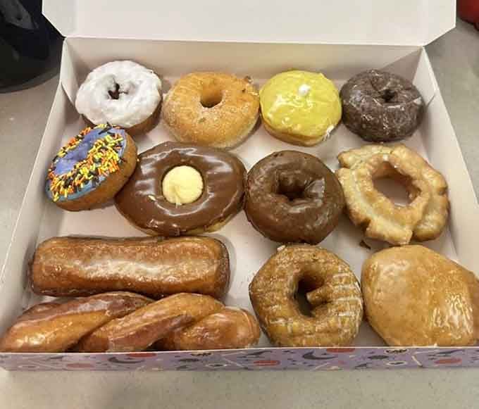 A dozen donuts showcasing the variety that makes decision-making both thrilling and slightly torturous for customers.
