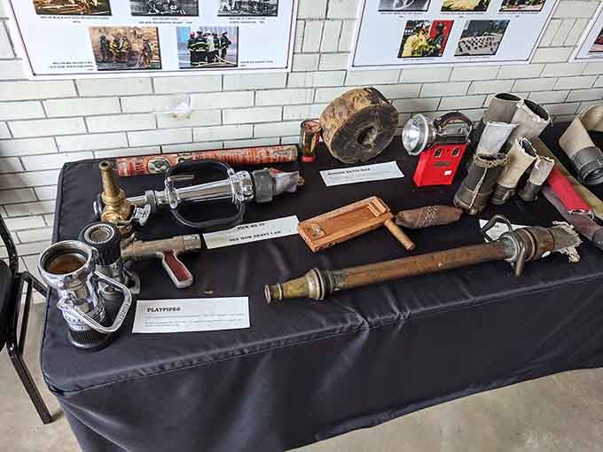 Vintage firefighting tools laid out like surgical instruments, each one representing innovation born from necessity and brave determination.