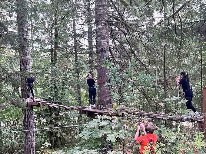 Multiple adventurers tackle the course simultaneously, each finding their own rhythm between bravery and healthy self-preservation instincts.