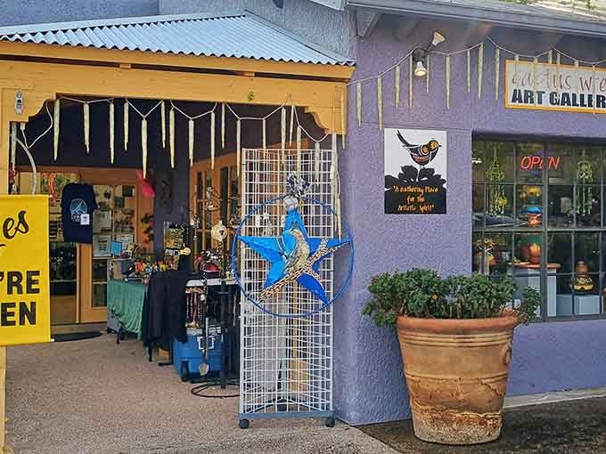 Gallery storefronts painted in cheerful yellows and purples prove art happens everywhere here, even outside.