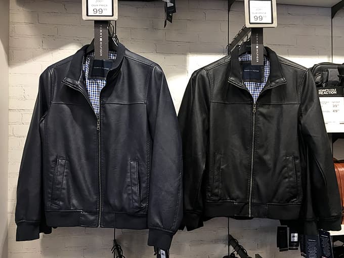 Leather jackets hanging like they're auditioning for a movie role, affordable enough to actually buy one.