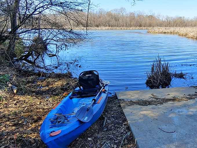 That blue kayak is ready to launch into adventure, no boat ramp drama required.