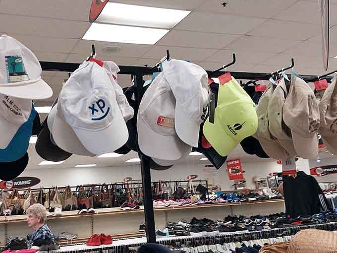 Baseball caps representing every team, vacation spot, and corporate logo known to mankind await new heads.
