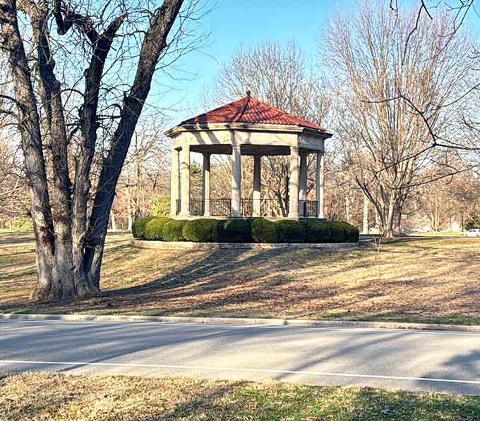 A classic gazebo sits ready for proposals, picnics, or simply pretending you're in a Jane Austen novel.