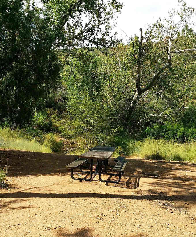 Pack a lunch and claim this shaded picnic spot, where the only dinner music is birdsong and babbling water.